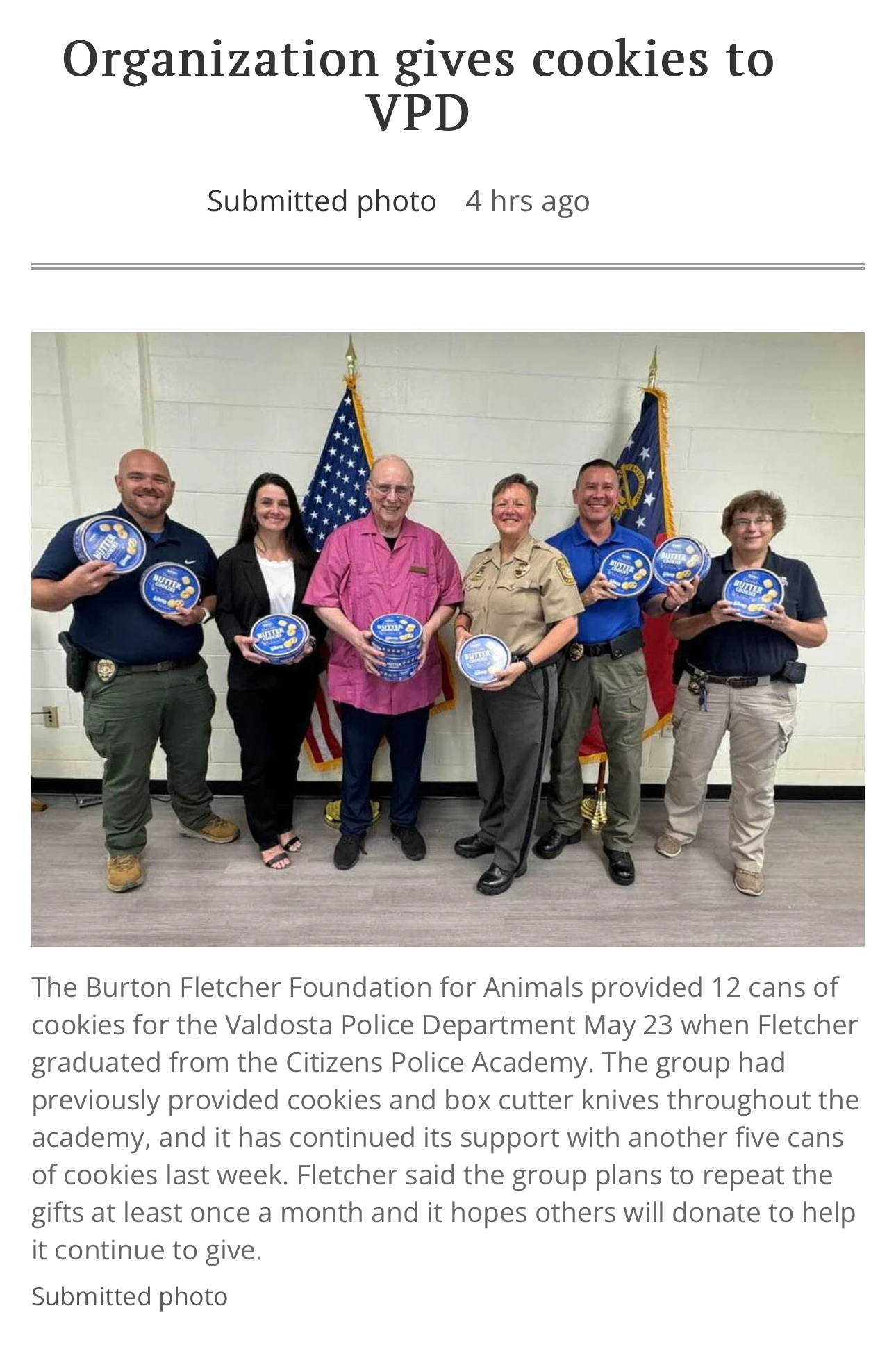 Organization gives cookies to VPD – Burton Fletcher Foundation